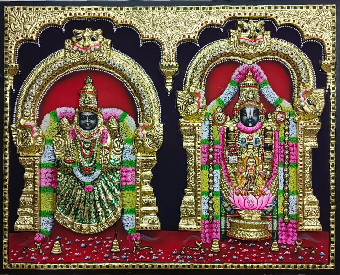 3D Embossed lakshmi Balaji Tanjore Painting - Bavin Tanjore Paintings